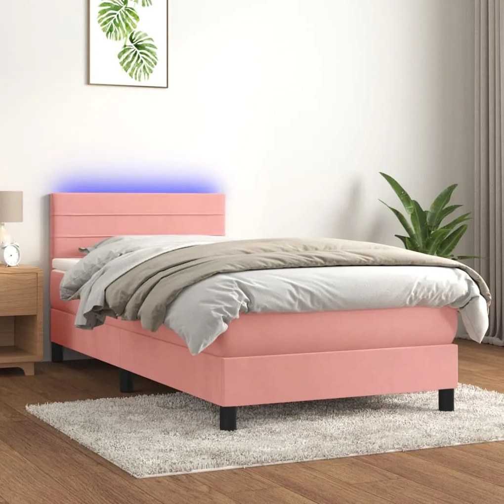 vidaXL Box spring postel s matrací a LED 90x190 cm samet [3134438] Barva: Růžová