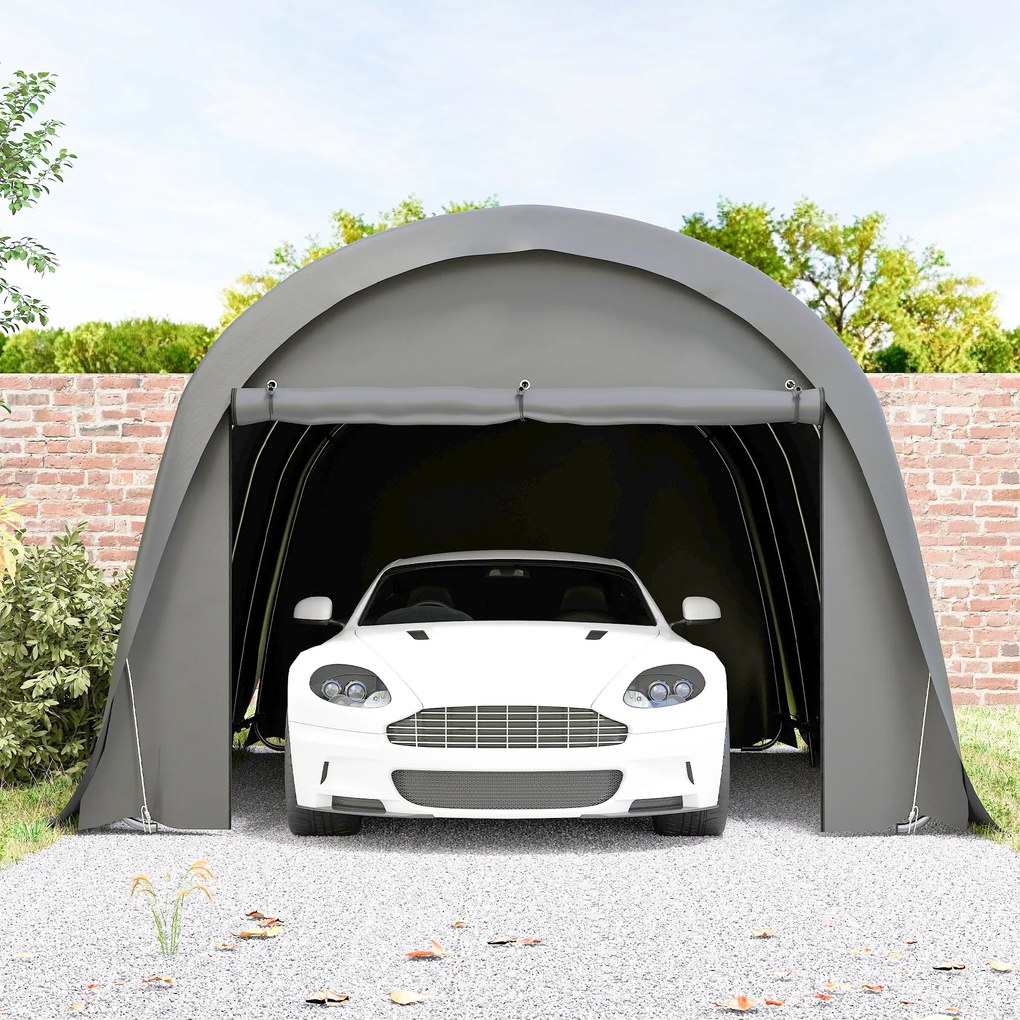 Outsunny přístřešek na auto 3 × 6 m – voděodolný úložný stan s odnímatelnými bočnicemi, velkými rolovacími dveřmi na zip, zakřivenou střechou, UPF50+…