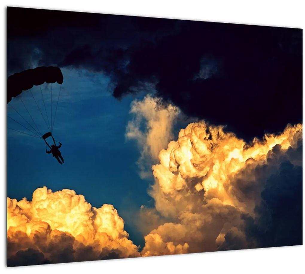 Skleněný obraz parašutisty v oblacích (70x50 cm)