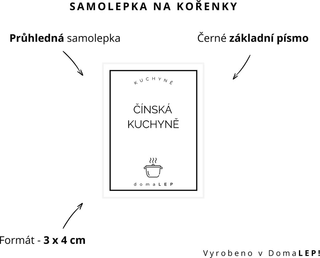 ČÍNSKÁ KUCHYNĚ - Samolepka na kořenky 3 x 4 cm - DomaLEP varianta: PRŮHLEDNÁ - základní písmo