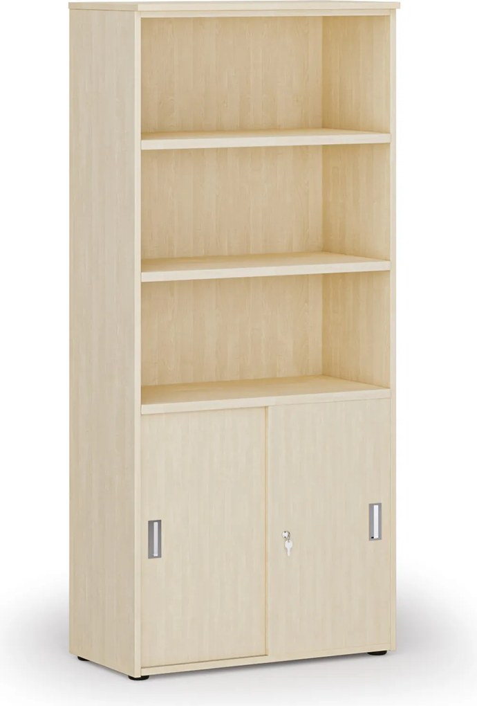 Kombinovaná kancelářská skříň PRIMO WOOD, zasouvací dveře na 2 patra, 800 x 420 x 1781 mm, bříza