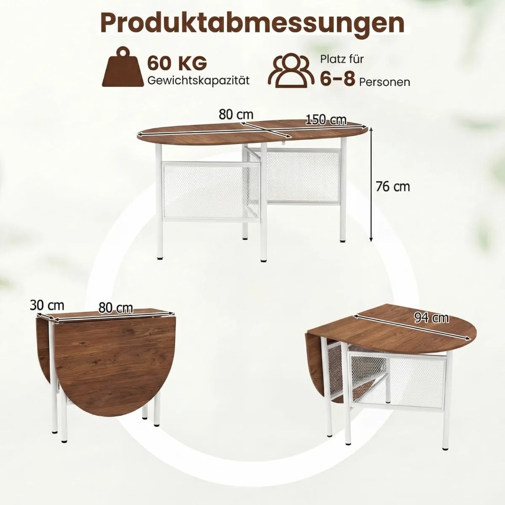 Costway Skládací jídelní stůl pro 6-8 osob Prostorově úsporný Oválný Natural