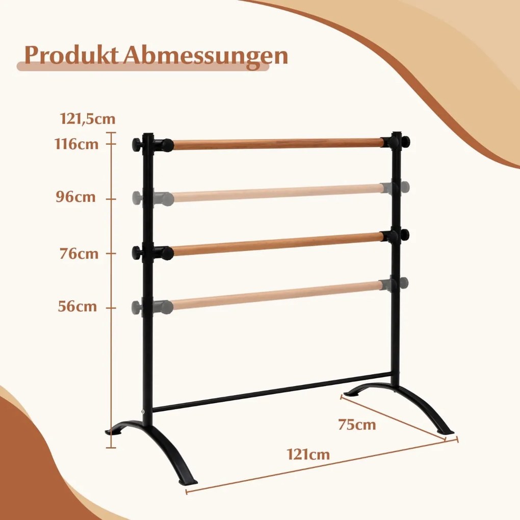 Costway 120 cm dlouhé přenosné baletní vybavení volně stojící dvojitá baletní
