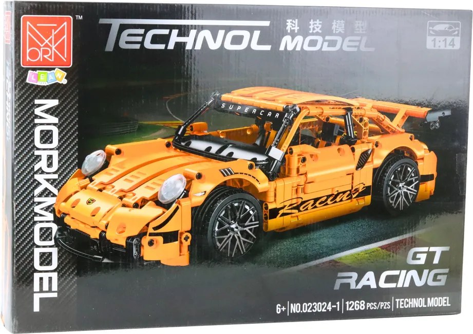 LEAN Toys Stavebnicové kostky – Auto GT Racing, oranžové, měřítko 1:14, 1268 dílů