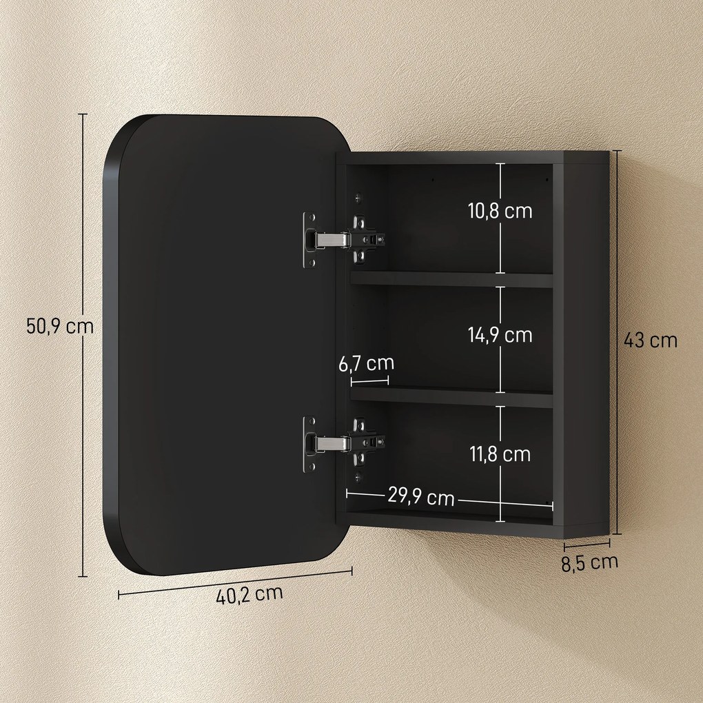HOMCOM Koupelnová skříňka se zrcadlem, design s zaoblenými hranami, nastavitelnými policemi 40,2x10,2x50,9 cm, černá