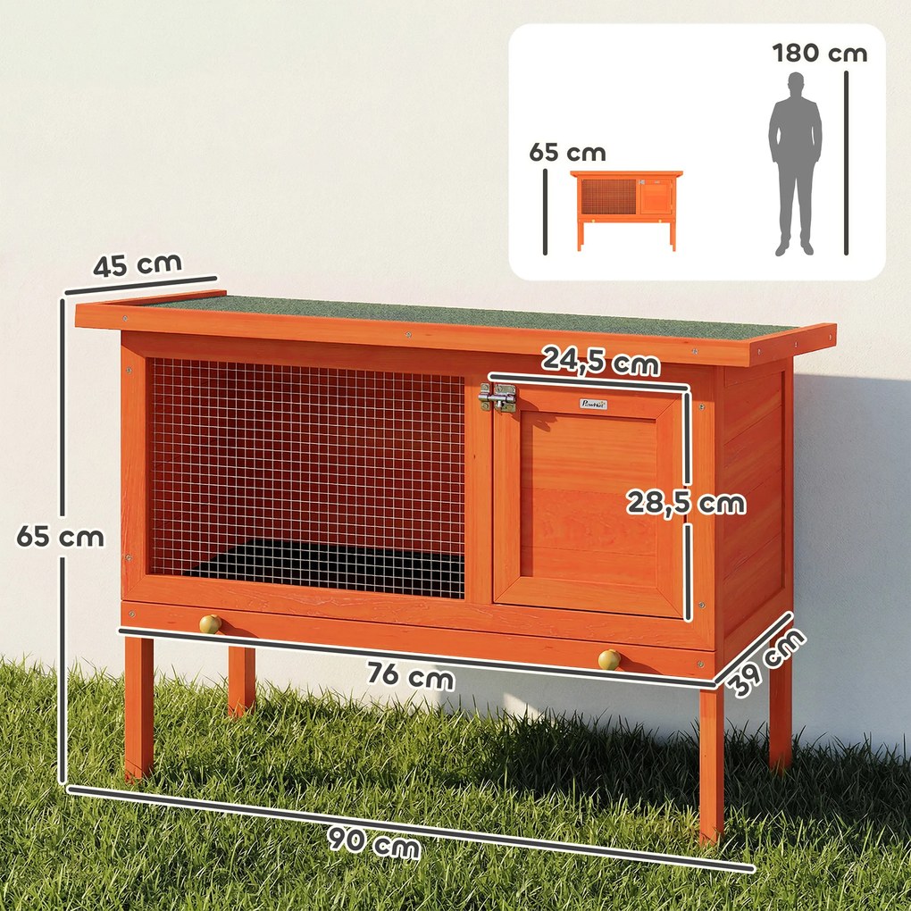 PawHut Zající kurník zvýšený králíkárna ze dřeva s otevíratelnou bitumenovou střechou vysouvací zásuvka 90x45x65 cm Oranžová