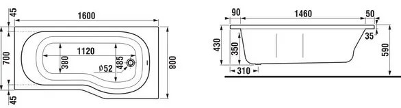 Jika Tigo Vana asymetrická 160x80 cm, pravá, bílá H2222100000001