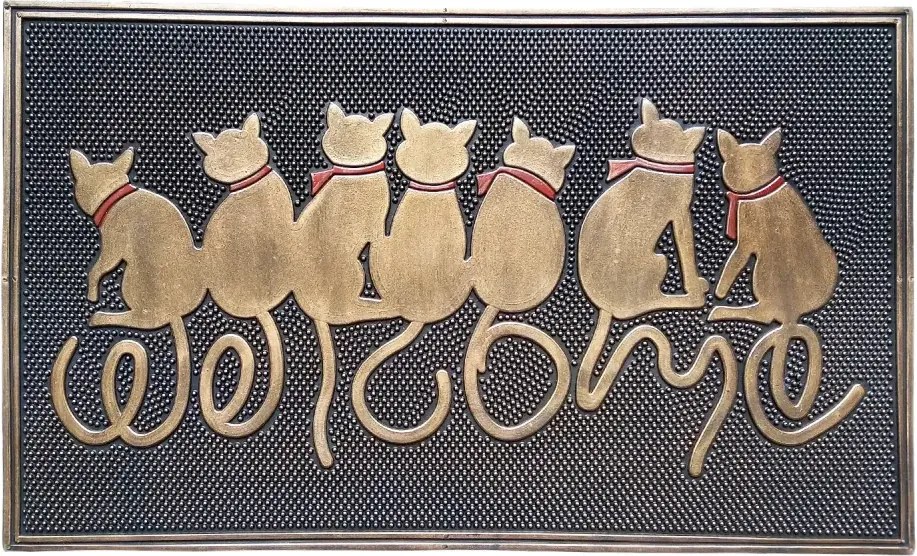 Gumová rohožka 7 koček, 75 x 45 cm – s bronzovou patinou, do domu a na terasu, odolná, s kočičím motivem