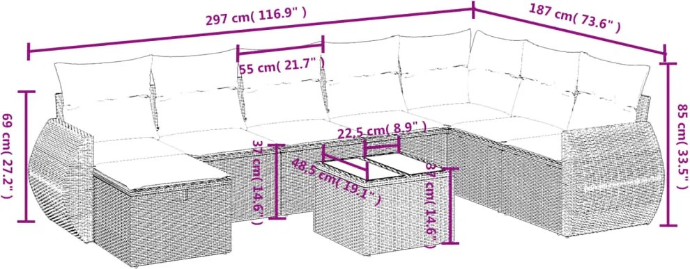 9dílná zahradní sedací souprava s poduškami černá polyratan 3264212
