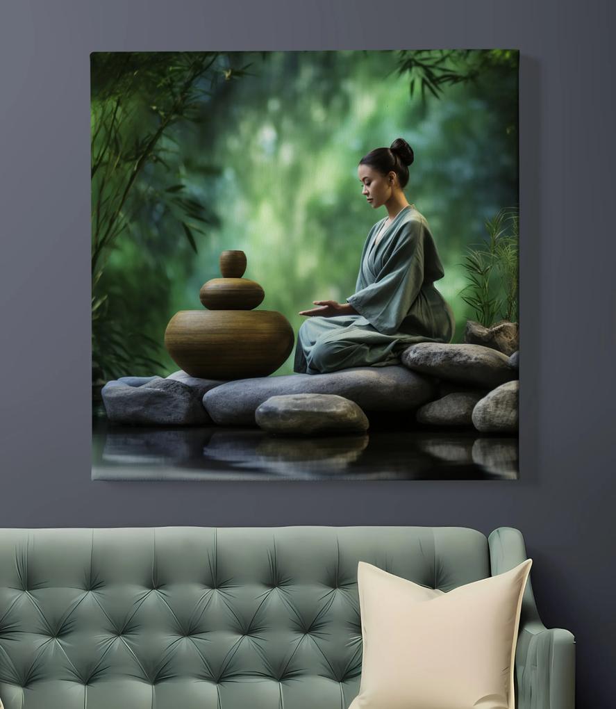 Obraz na plátně - Meditace, žena u dřevěných misek FeelHappy.cz Velikost obrazu: 140 x 140 cm