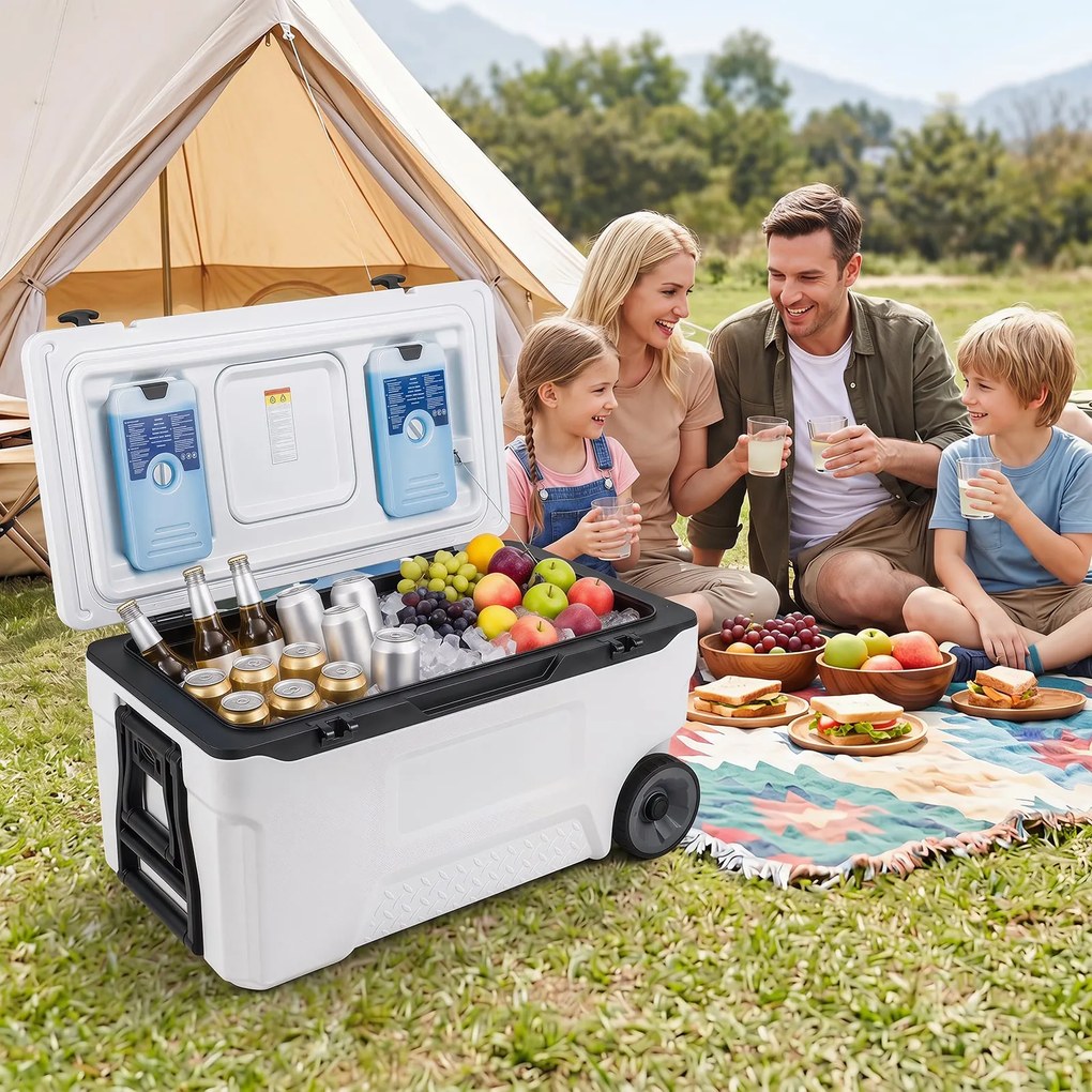 Costway Chladicí box 70 L Velký termobox z plastu s kolečky a madlem – bílý
