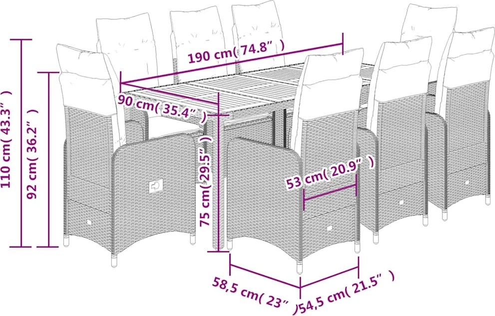 9dílný zahradní bistro set s poduškami šedý polyratan 3277026
