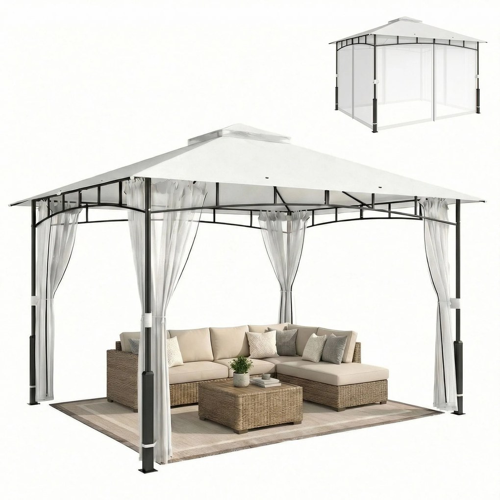 Outsunny pergola 3,6 × 3,0 m — voděodolný kovový zahradní pavilon s moskytiérou, dvojitou střechou, sloupky s dekorem dřeva, černá | Aosom