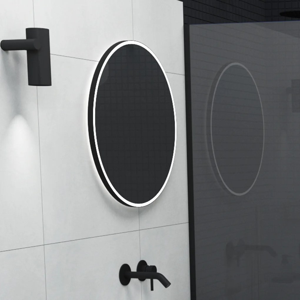 Černé kulaté zrcadlo do koupelny 60 cm s osvětlením, dotykový spínač NIMCO ZPC 28000RV-90