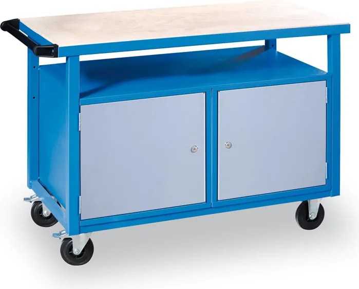 Pojízdný pracovní stůl do dílny GD, smrk + oboustranně dýhovaná smrková překližka, 2 skříňky, 1190 x 600 x 850 mm, šedá