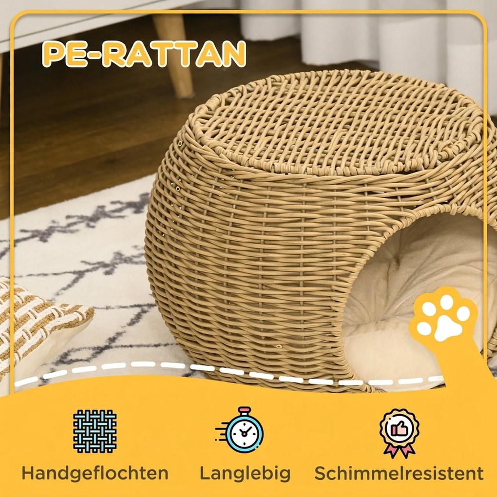 PawHut Kočka Dům Postel Kočičí Košík Dům v Obřím Střihu z Rattanu s Měkkým Polštářem Ø 40 x 30 cm světle hnědý