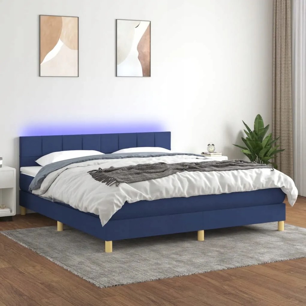 Box Spring Postel S Matrací A Led Textil Modrá Blok se čtverci 160 x 200