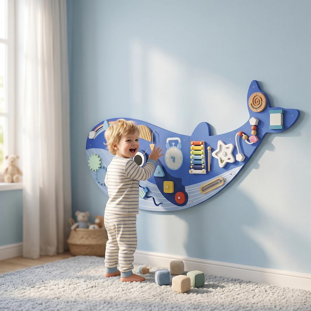 AIYAPLAY Montessori motorická deska 13v1 dřevěné Busy Board ve tvaru velryby, nástěnně montovaná herní deska s xylofonem, hodinami a ozubenými koly