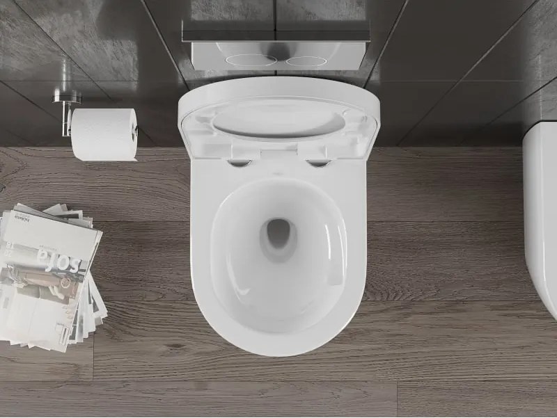 Mexen Carmen, závěsná WC mísa 490x365x340 mm, Rimless Tornádo + WC sedátko z duroplastu, bílá lesklá, 30880200T