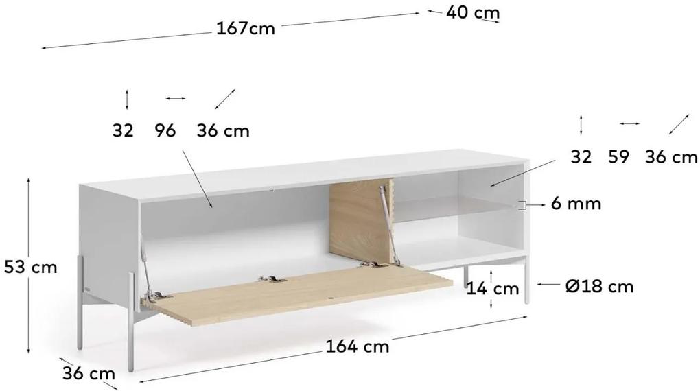 Bílý jasanový TV stolek Kave Home Marielle 167 x 40 cm s kovovou podnoží