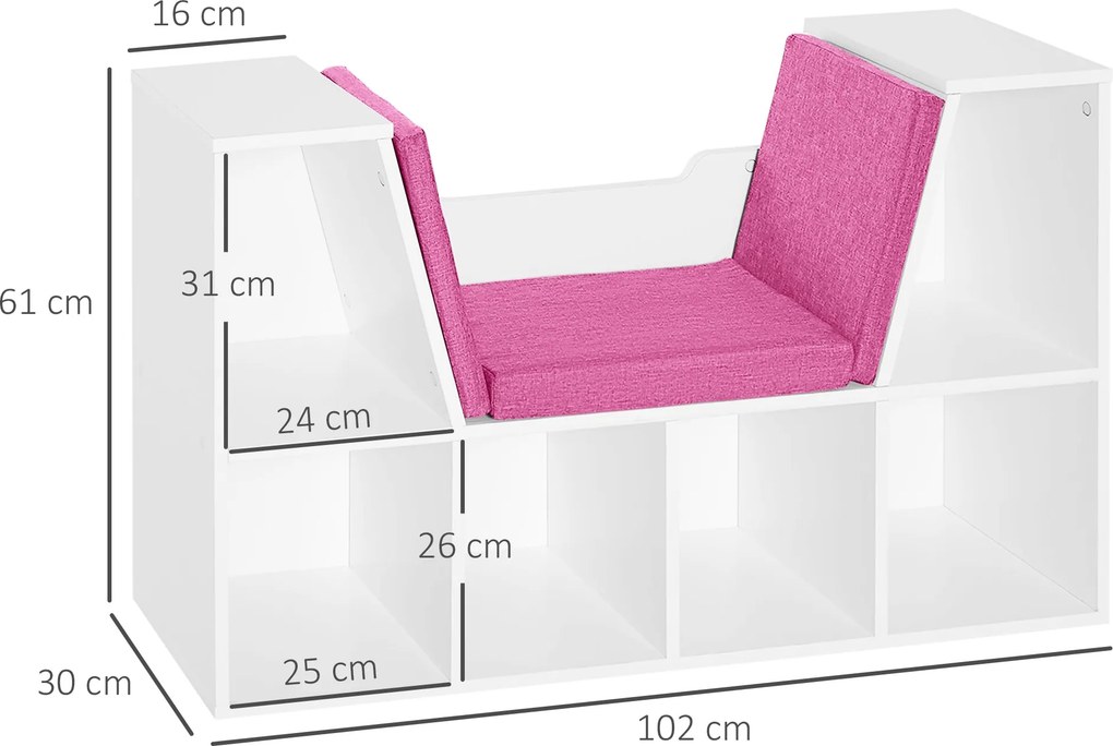 HOMCOM Moderní Design 2-v-1 Knihařská Lavice s 6 Úložnými Prostředky a 3 Polštářky 102L x 30W x 61H cm Bílá Růžová