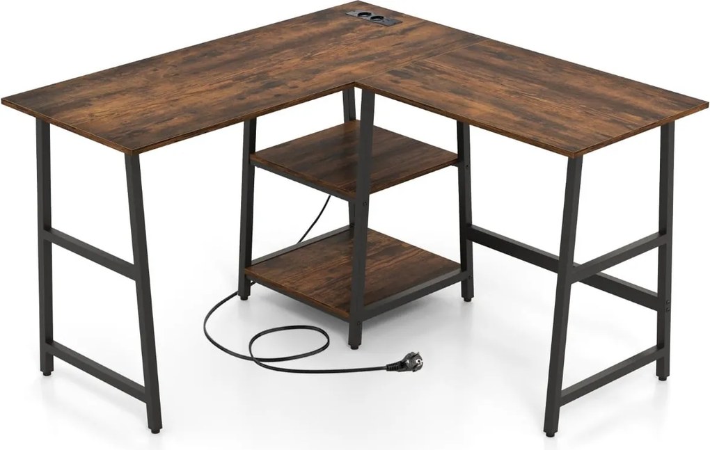 Costway Desk Rohový stůl ve tvaru L se zásuvkami a USB porty Rustikálně