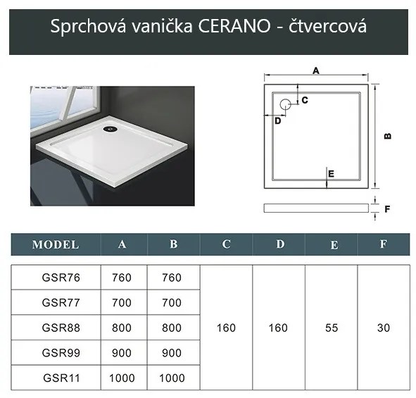 CERANO - Sprchová vanička z litého mramoru čtvercová Páto - bílá matná - 80x80 cm