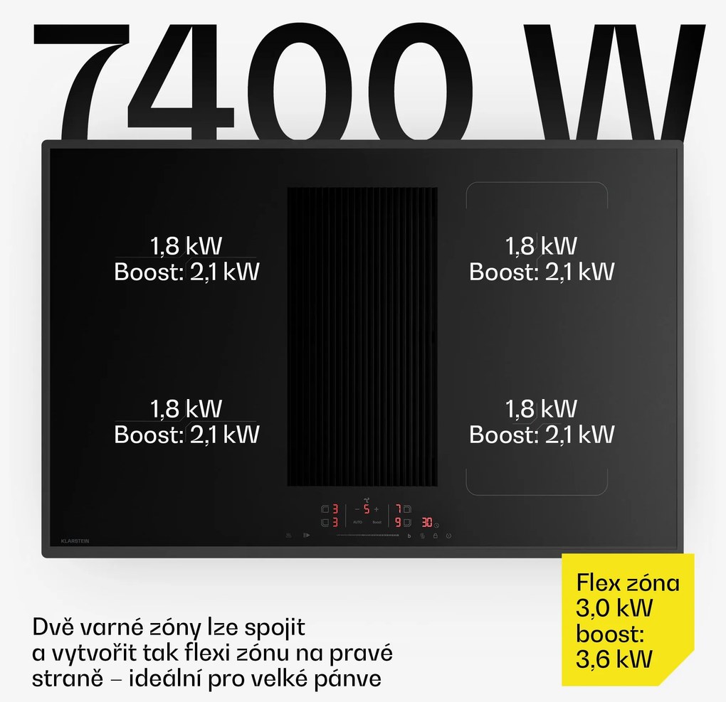 Klarstein Velaire hybridní indukční varná deska s integrovanou digestoří Elegantní, minimalistická, výkonná 7400 W 80 cm