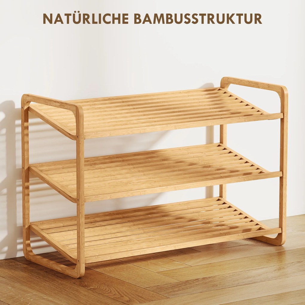 HOMCOM 3-patrový botník z bambusu pro 12 párů bot - Organizér do vstupní haly 76x33x50,8 cm Přírodní