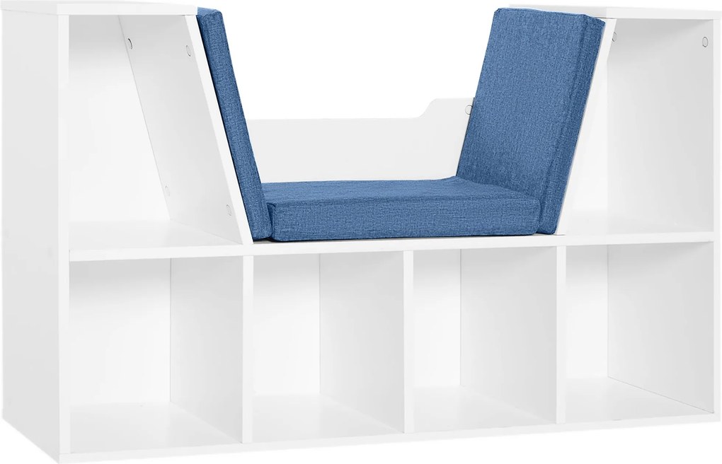 HOMCOM Knihovna s lavicí 2 v 1 Moderní design 6 oddílů 3 polštáře 102Š x 30H x 61V cm Bílá Modrá