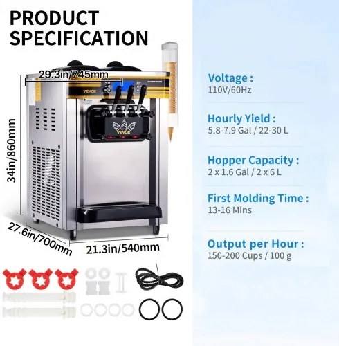 Komerční výrobník zmrzliny, výtěžnost 22-30 l/h, 2350 W