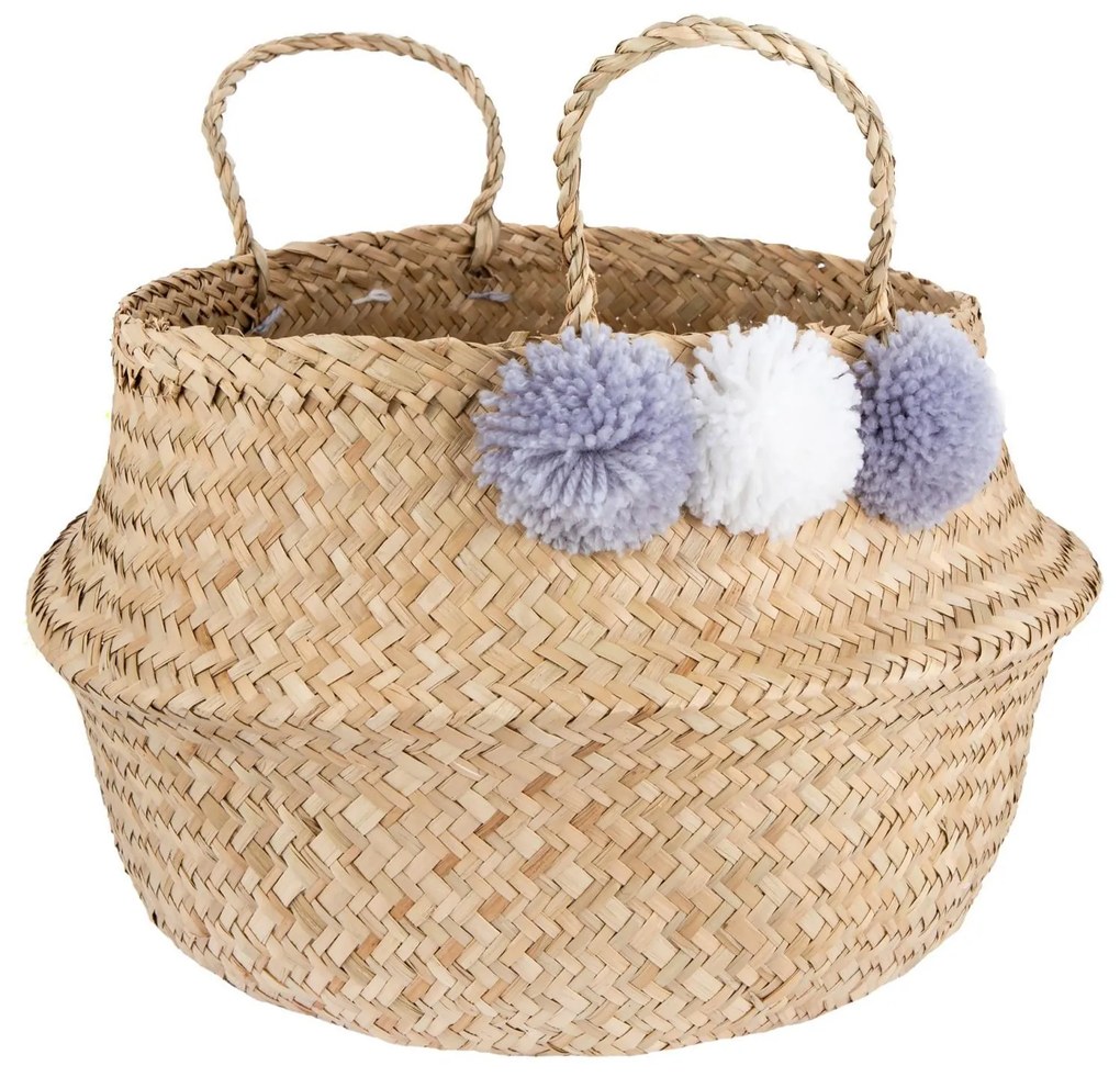 sass & belle Koš Seagrass Grey Pom Pom, šedá barva, bílá barva, přírodní barva, proutí