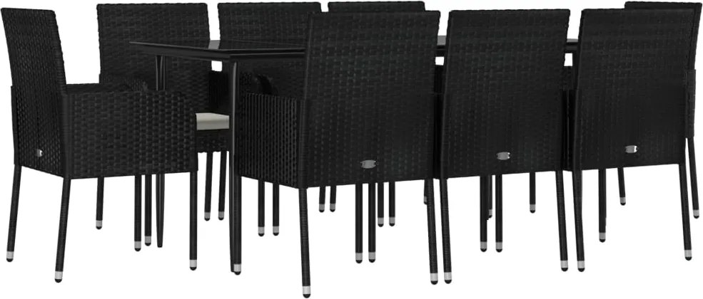 9dílný zahradní jídelní set s poduškami černý polyratan 3185146