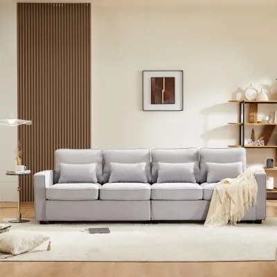 Aosom Pohovka pro 4 osoby, pohodlná lněná pohovka pro rodinu a kancelář, s kapsami a polštáři, rozměr 264x83x87 cm, šedá