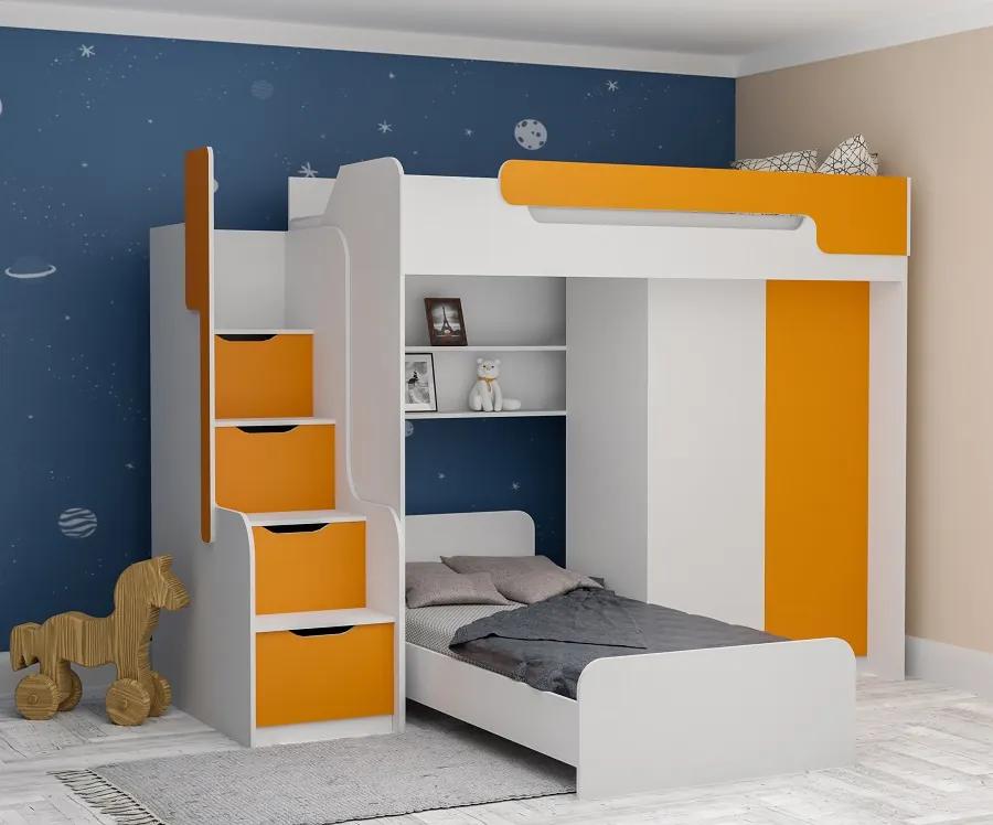 Poschoďová postel Dorian + postel + skříň - oranžová