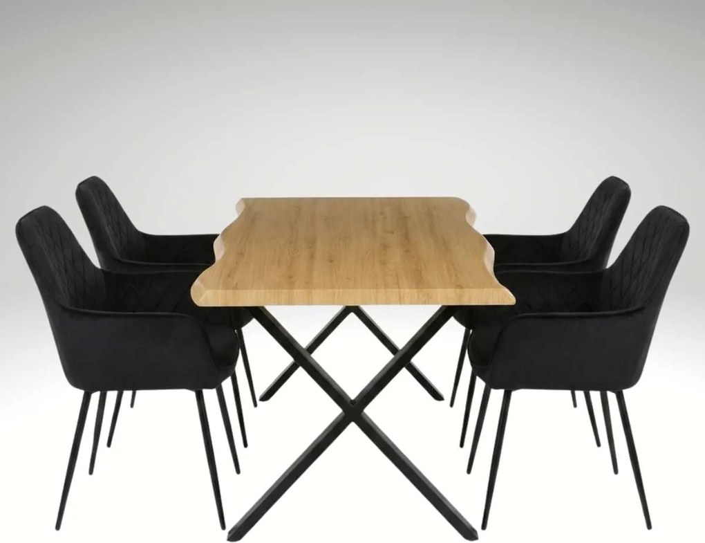Vikio Jídelní set pro 4 osoby 160x90 cm soft dub noha X černá židle s područkami VJS226-4C