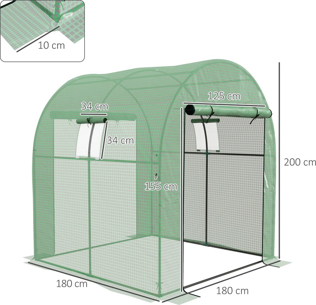 Zelený tunelový skleník Outsunny pro zahradu 1,8x1,8x2 m, UV odolný skleník se 2 rolovacími dveřmi a okny, ocel a PE