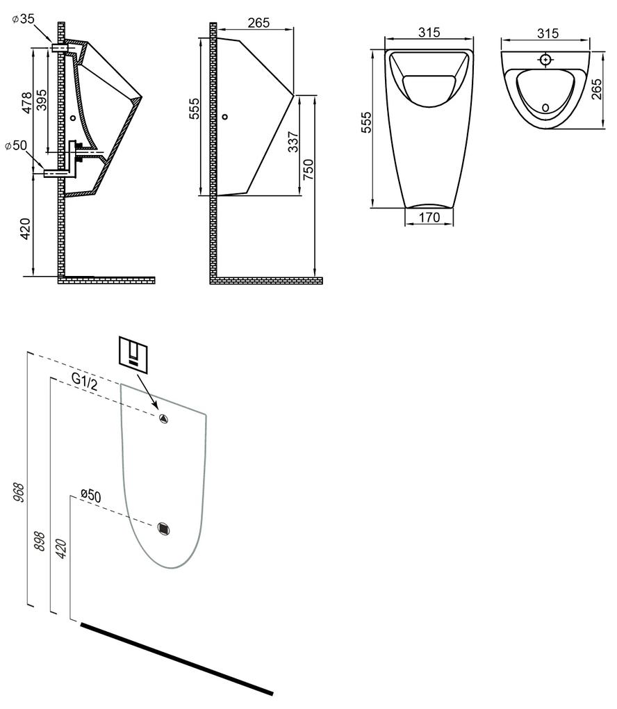 Bruckner, SCHWARN keramický urinál, zadní přívod, zadní odpad, 201.701.4