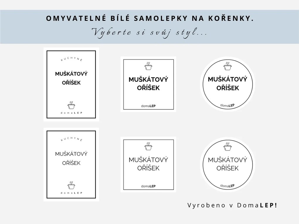 MUŠKÁTOVÝ OŘÍŠEK - omyvatelná samolepka na kořenky, výběr rozměrů Ø 5 cm / 5 x 5 cm / 6 x 8 cm | DomaLEP tvar: OBDÉLNÍK, barva: BÍLÁ - ČERNÉ písmo, velikost: š. 6 cm x v. 8 cm - tučné písmo