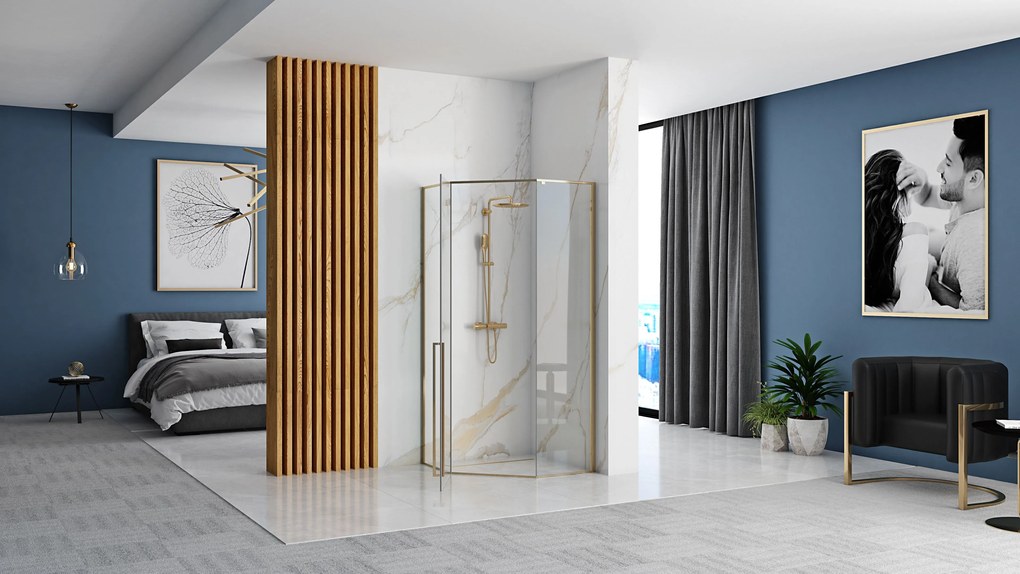 Rea - DIAMOND GOLD pětiúhelníkový sprchový kout 90 x 90 cm, zlatý, čiré sklo, REA-K4904