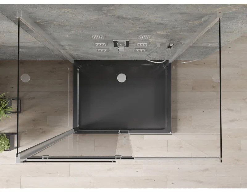 Mexen Omega, 3-stěnový sprchový kout s posuvnými dveřmi 100 (dveře) x 80 (stěna) x 190 cm, 8mm čiré sklo, chromový profil + černá sprchová vanička SLIM, 825-100-080-01-00-3S-4070
