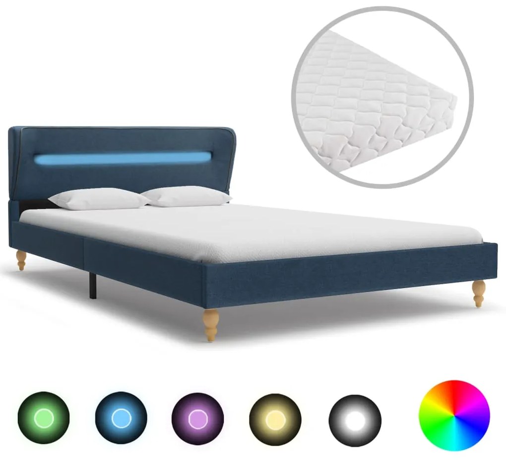 278367 vidaXL Postel s matrací a LED světlem modrá textil 140 x 200 cm