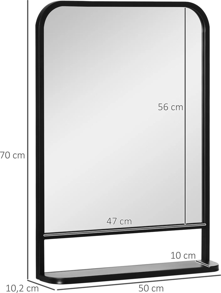 HOMCOM Nástěnné zrcadlo s policí 70x50cm moderní elegantní obdélníkové černé do obývacího pokoje a předsíně