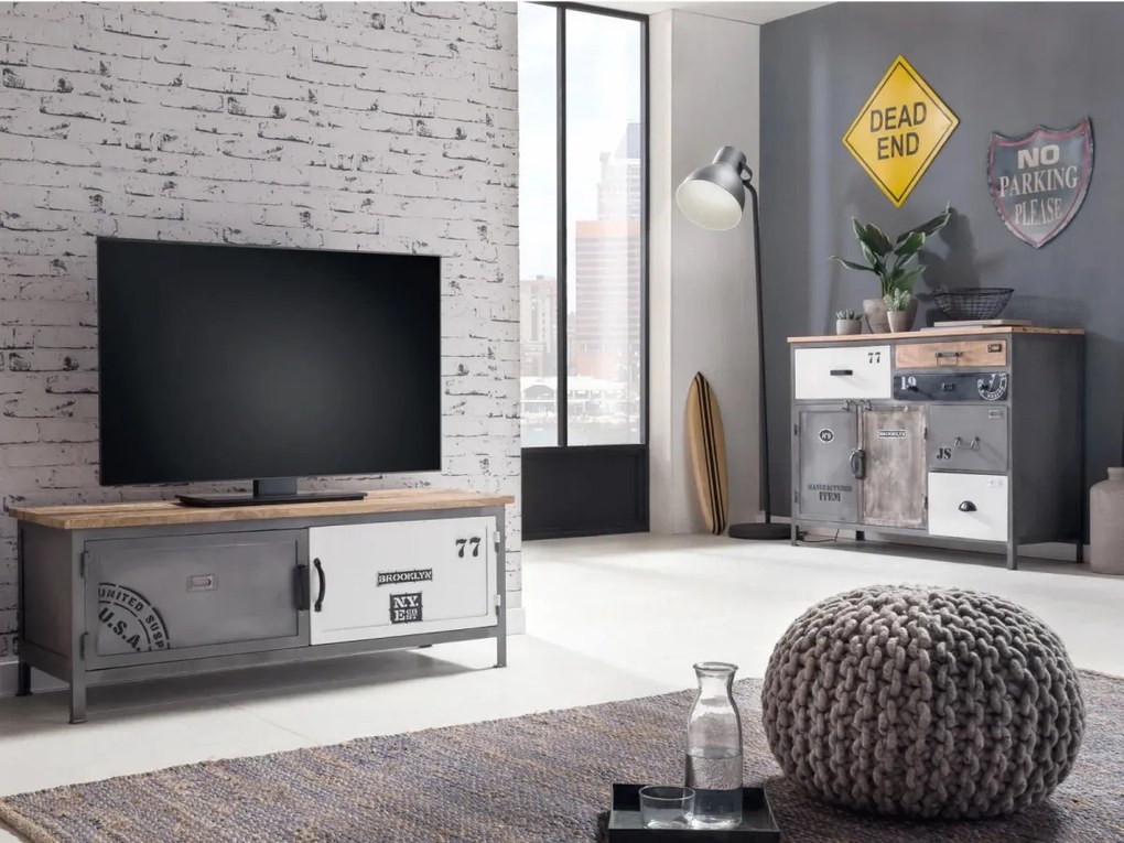 furniture-nabytek.cz - Masivní TV stolek Pineford z mangového dřeva, lakovaný, vícebarevný