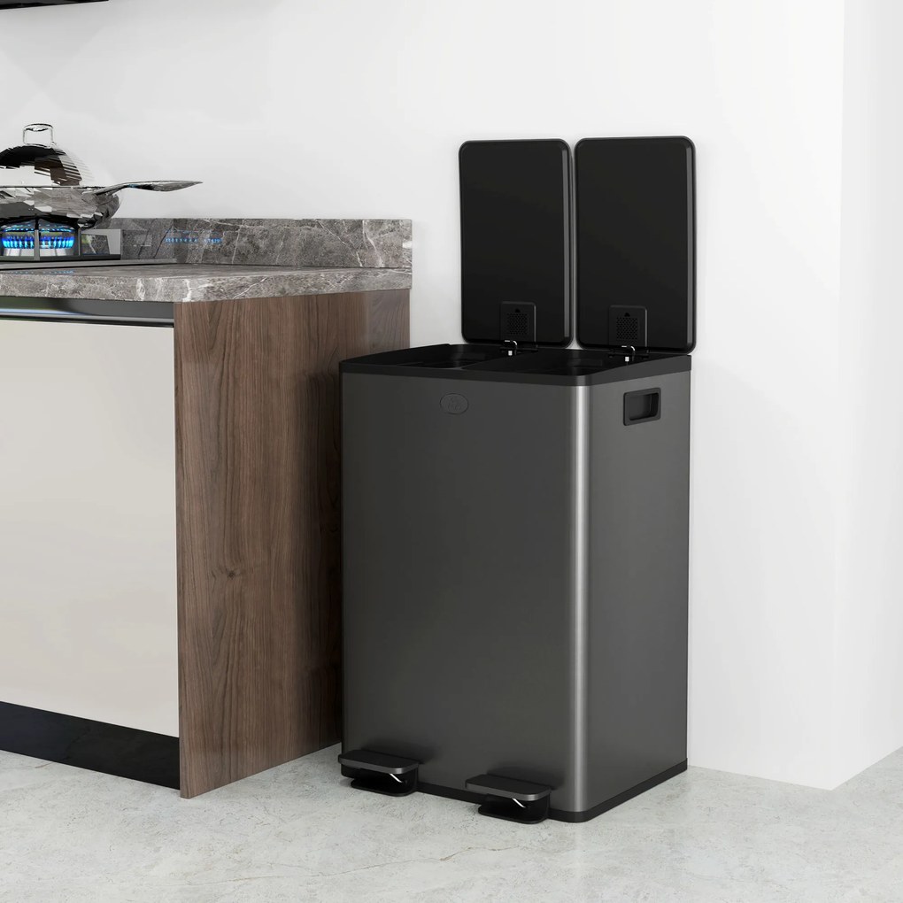 HOMCOM pedálový odpadkový koš se 2 přihrádkami (2×28 l), nerez, vyjímatelné kbelíky, tlumené zavírání, odolný proti otiskům, černý