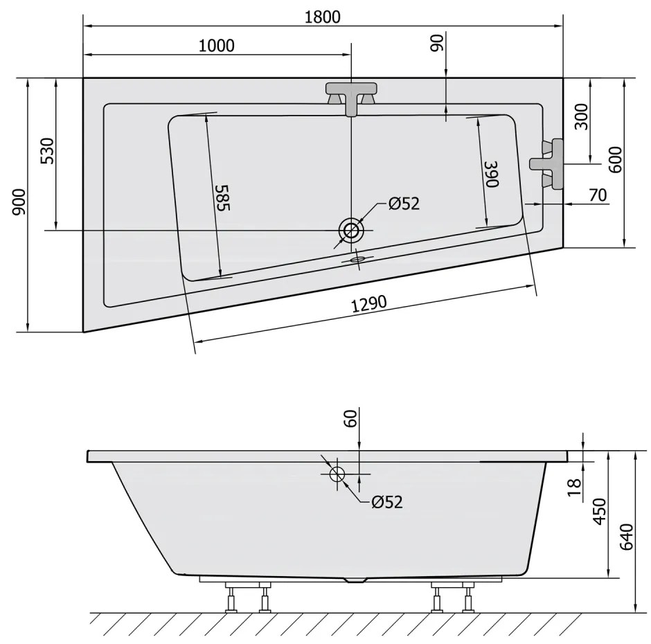 Polysan ANDRA L SLIM asymetrická vana 180x90x45cm, bílá 72872S