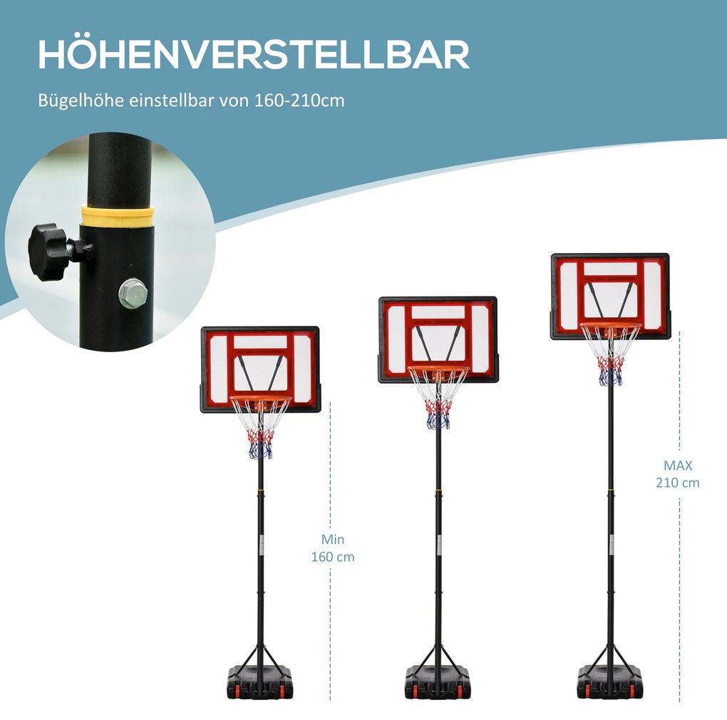 HOMCOM Basketbalový stojan venkovní s kolečky, výškově nastavitelný basketbalový koš 160-210 cm se stojanem, zadní stěna 83x59 cm, pro teenagery na d…