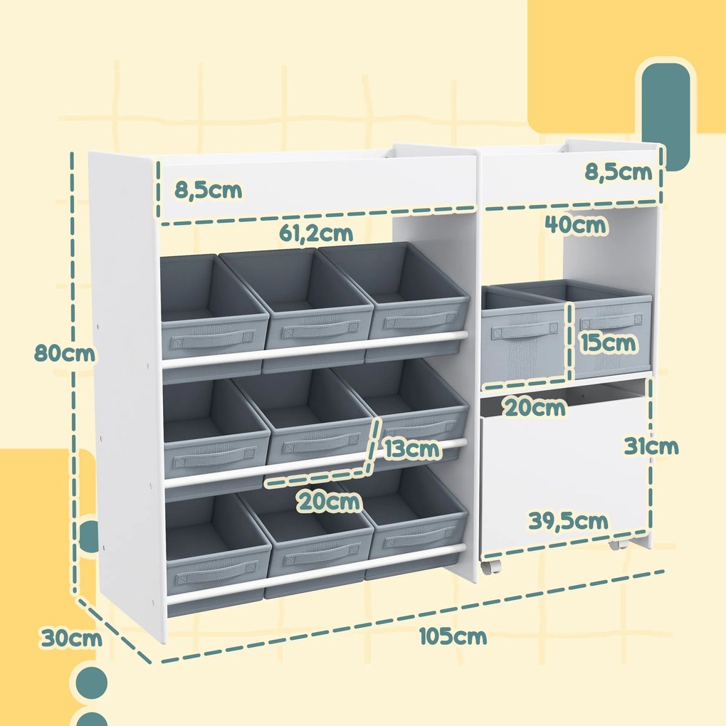 AIYAPLAY Dětský regál na hračky s 11 látkovými boxy, horní přihrádky, 3 samolepky, dětský regál s přihrádkami do dětského pokoje, mateřské školy, 105…