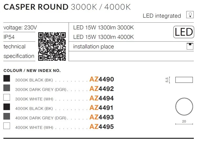 AZzardo LED stropní svítidlo Casper round, IP54, 3000K Barva: Bílá
