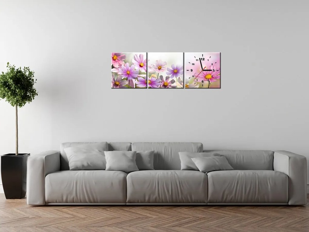 Gario Obraz s hodinami Jemné květy - 3 dílný Rozměry: 90 x 30 cm